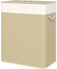 HOMCOM Bambusový koš na prádlo s víkem 100L Koš na prádlo se 2 přihrádkami a vyjímatelným vnitřním pytlem pro laundry room a ložnici 52x32x63 cm Příro
