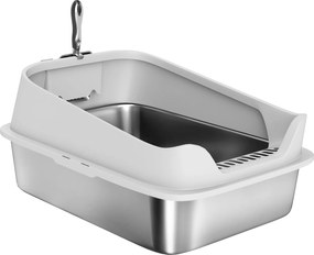 PawHut nerezový otevřený záchod pro kočky – XXL s vysokým okrajem a lopatkou pro velké kočky do 7 kg | 60,2 × 40,2 × 29,7 cm (šedá) | Aosom