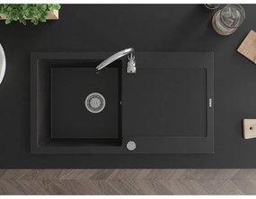 Mexen Leo 1-komorový granitový dřez s odkapávačem 900x500mm a kuchyňskou baterií Telma, černá - 6501-77-670200-00
