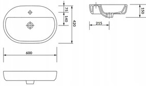 Cersanit Caspia Oval Box, umyvadlo na desku 60 x 42 cm, bílá, K11-0099