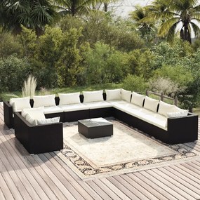 vidaXL 12dílná zahradní sedací souprava s poduškami polyratan [3102541] Barva: Černá a krémová