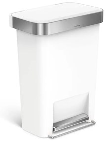 Pedálový odpadkový koš Simplehuman – 45 l, kapsa na sáčky, obdélníkový, bílý plast / nerez
