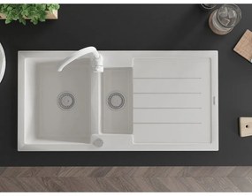 Mexen Andres 1,5-komorový granitový kuchyňský dřez s odkapávačem 100x50 cm a kuchyňská baterie Telma, bílá, 6515-20-670200-20