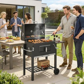 Outsunny grilovací vozík na dřevěné uhlí BBQ stojan na grilování z nerezové oceli černý 113x65x108cm pro zahradu a terasu