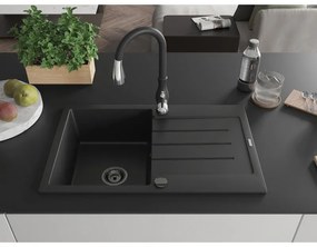 Mexen Bruno, 1-komorový granitový dřez 795x495x200 mm a dřezová baterie Savita, černá, 6513-77-672601-70-B