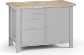 Dílenský pracovní stůl G7, buková spárovka, 1200 x 685 x 840 mm, 1x skříňka, 4 zásuvky, šedá