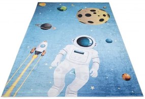 Dětský kusový koberec vhodný k praní BAMBINO 2697 Kosmonaut Vesmír Raketa protiskluzový modrý Rozměr: 80x150 cm