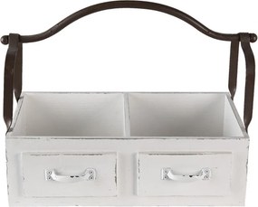 Bílý dřevěný retro box se dvěmi přihrádkami a kovovým uchem - 41*19*29 cm