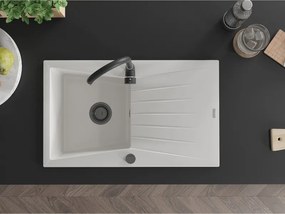 Mexen Cesar, granitový dřez 775x470x190 mm, 1-komorový, bílá s černým sifonem, 6514771010-20-B