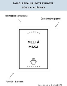 Samolepka na kořenky MLETÁ MASA průhledná 3 × 4 cm tučné písmo