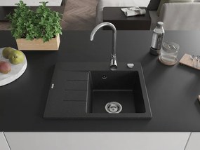Mexen Ben, 1-komorový granitový dřez 600x500x190 mm, pravý + chromový sifon, černá-stříbrná metalíza, 6523605000-73