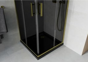Mexen Rio, čtvercový sprchový kout s posuvnými dveřmi 90 (dveře) x 90 (dveře) x 190 cm, 5mm šedé sklo, zlatý profil + černá sprchová vanička SLIM, 860-090-090-50-40-4070G