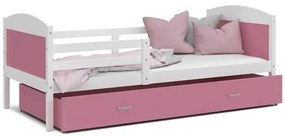 Dětská postel MATYAS P 90x200 cm s bílou konstrukcí v růžové barvě se šuplíkem.