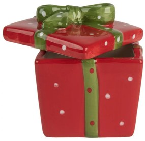 Červeno-zelená vánoční keramická dóza s víkem dárek / balíček – 9x9x11 cm