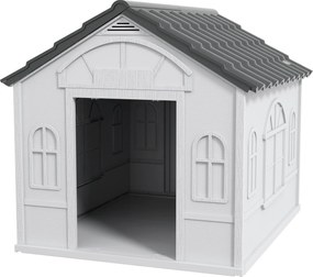 PawHut Psí Bouda Venku 84,2x98,2x82 cm Psí Bouda se vzorem oken a imitovanou střechou z tašek pro velké psy Šedá a bílá | Aosom