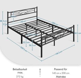 Kovová postel 140x200cm černá