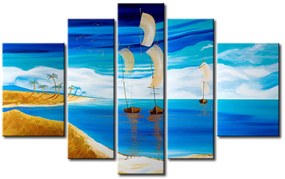 Obraz Modrá zátoka (5dílný) - krajina s mořem a třemi plachetnicemi