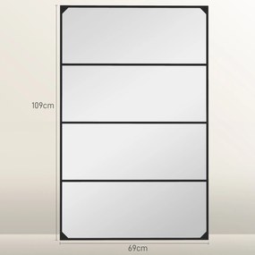 HOMCOM Obdélníkové zrcadlo s industriálním stylem a mřížkovým vzorem, horizontální nebo vertikální, s 4 háčky, černý kov - 109 x 69 cm | Aosom