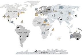 Dětské nástěnné samolepky MAPA SVĚTA šedé Zvolte rozměr: L, Zvolte jazyk: Anglický