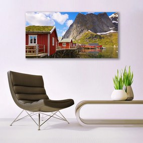 akrylový obraz Domy Jezero Hory Krajina 120x60 cm