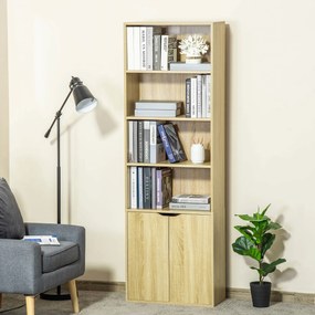 HOMCOM Knihovna se 4 otevřenými přihrádkami a 2 dveřmi pro obývací pokoj, pracovnu a kancelář, nosnost 80 kg, 59x29x180 cm, přírodní