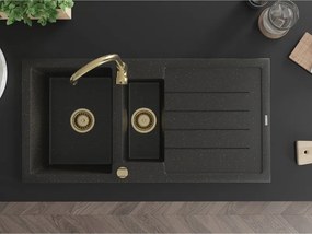 Mexen Andres, granitový dřez 1000x500x200 mm, 1,5-komorový, černá se zlatou metalízou a zlatým sifonem, 6515101510-75-G