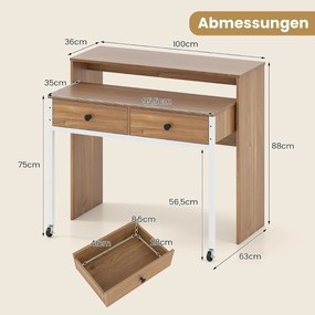 Costway Rozkládací stůl malý s 2 zásuvkami a kolečky – 100 × 63 × 88 cm