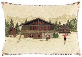 Gobelínový polštář horská chata a lyžaři - 45*15*31cm