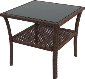 Outsunny Čtvercový Stůl ze Syntetického Rattanu 50x50x45 cm s Skleněnou Policí a Ocelovým Rámem 30 kg pro Terasu a Patio Hnědý | Aosom