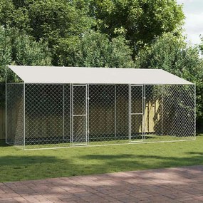 Psí klec s střechou Stříbrná 600 x 200 x 256 cm Ocel a PE 3368304
