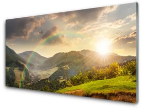Obraz na skle Louka Hory Západ Slunce 125x50 cm