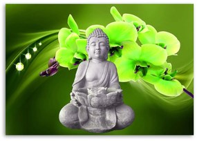 Obraz na plátně DECOR Sedící Buddha Zelený květ - 100x70 cm