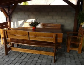 KULHÁNEK Zahradní dubová sestava - stůl, 2x lavice s opěradlem, 2x křeslo (rustikální provedení) Délka: 190 cm, Odstín nátěru: lazura - teak