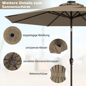 Costway LED osvětlení konzolový deštník kulatý solární klika hnědá průměr 3 M