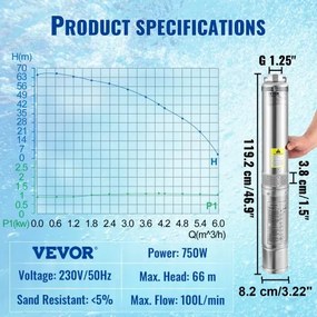 Ponorné čerpadlo do hlubokých studní, 750 W 230 V/50 Hz, 100 l/min 66 m
