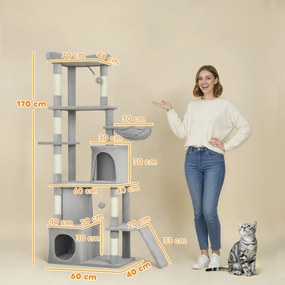Škrabadlo pro kočky, 170 cm, tunel, jeskyně, velká základna, sisalové sloupky, světle šedá barva