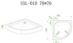 BPS-koupelny Čtvrtkruhová akrylátová sprchová vanička HYD-RSV-SXL01D 70x70 bílá