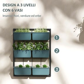 Outsunny Vertikální Zahradní Truhlík se 3 Úrovněmi, 6 Plastových Květináčů s Odtokovými Otvory, Zavěšené Truhlíky na Květy a Bylinky, 52x14x66 cm, Tm…