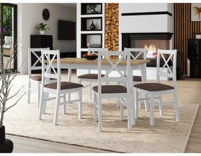 Stůl se 6 židlemi - AL43, Barva dřeva: dub artisan - L, Potah: Soro 28, Barvy nožiček: Bíla