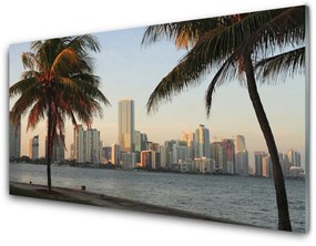 Obraz na skle Palmy Tropy Město Moře 125x50 cm