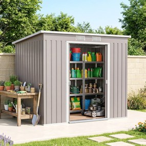 Zahradní domek Outsunny 3,2 m² 213x130x172 cm se sběrnými dveřmi a šikmou střechou, zesílený základ (podlaha není součástí) a 2 okna, Světlá šedá