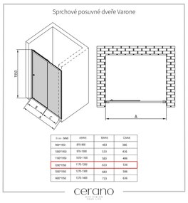 CERANO - Sprchový kout Varone L/P - černá matná, transparentní sklo - 120x70 cm - posuvný