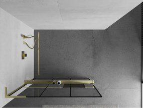 Mexen Kioto+ L, sprchová zástěna Walk-In s poličkou a věšákem 120 x 200 cm, 8mm čiré sklo černý vzor, ​​zlatý matný profil, 800-120-123-55-77