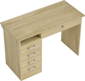 HOMCOM Moderní psací stůl s 5 zásuvkami, velkou deskou, 1 otevřenou přihrádkou, zamykatelnou zásuvkou, 110 x 50 x 76 cm, dub