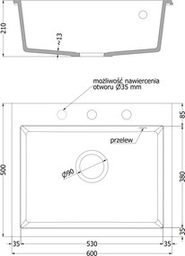 Mexen Eliz, 1-komorový granitový dřez 600 x 500 mm, černá/stříbrná metalíza, chromový sifon - 6525601005-73