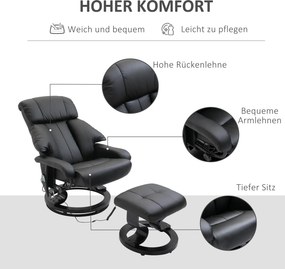 Televizní křeslo HOMCOM s funkcí polohování, hluboké čalounění, vysoký opěrák a područky, otočné o 360°, imitace kůže, 76L x 80W x 102H cm, černá