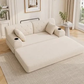 Aosom Dvojitá stlačená manšestrová pohovka, kovový rám, 2 držáky na nápoje a 4 boční kapsy, 168D x 80Š x 81V cm, béžová