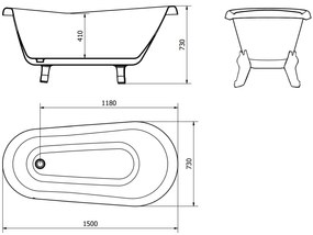 Mexen Retro, volně stojící vana 150 x 73 cm, bílá-černá, chromové nohy, 53251507375-00
