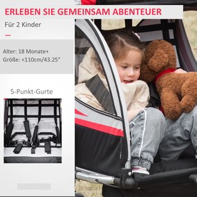 Dětský přívěs na kolo HOMCOM 2 v 1 s odpružením, síťovanými dvířky, předním kolem otočným o 360° a brzdou, červeno-černý, 142x75x101cm