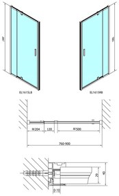 Polysan Polysan, EASY BLACK otočné sprchové dveře 760-900mm, čiré sklo, EL1615B